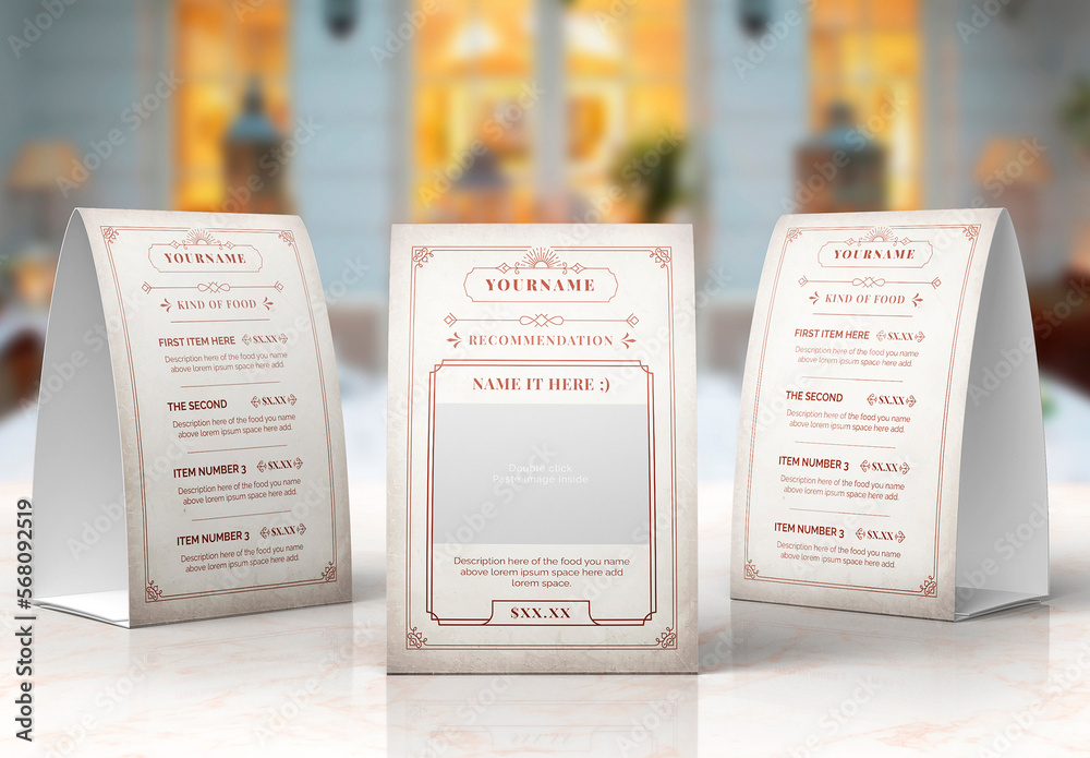 Vintage Bodegon Menu Table Tent Stock Template | Adobe Stock