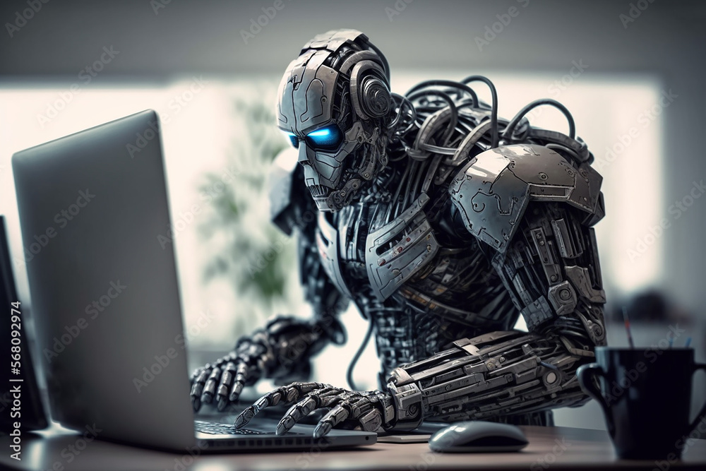 Robot working in the office at the computer. Big data center. Robot ...