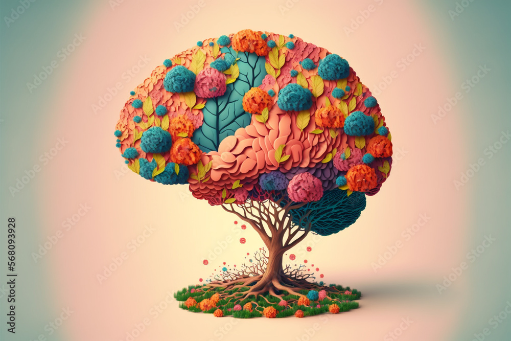 Human brain tree with flowers self care and mental health concept. AI ...
