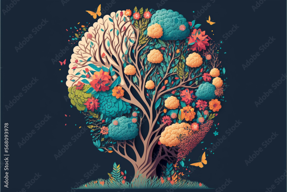 Human brain tree with flowers self care and mental health concept. AI ...