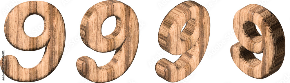 Set of wooden numbers 9 from different angles on a white background. 3d ...