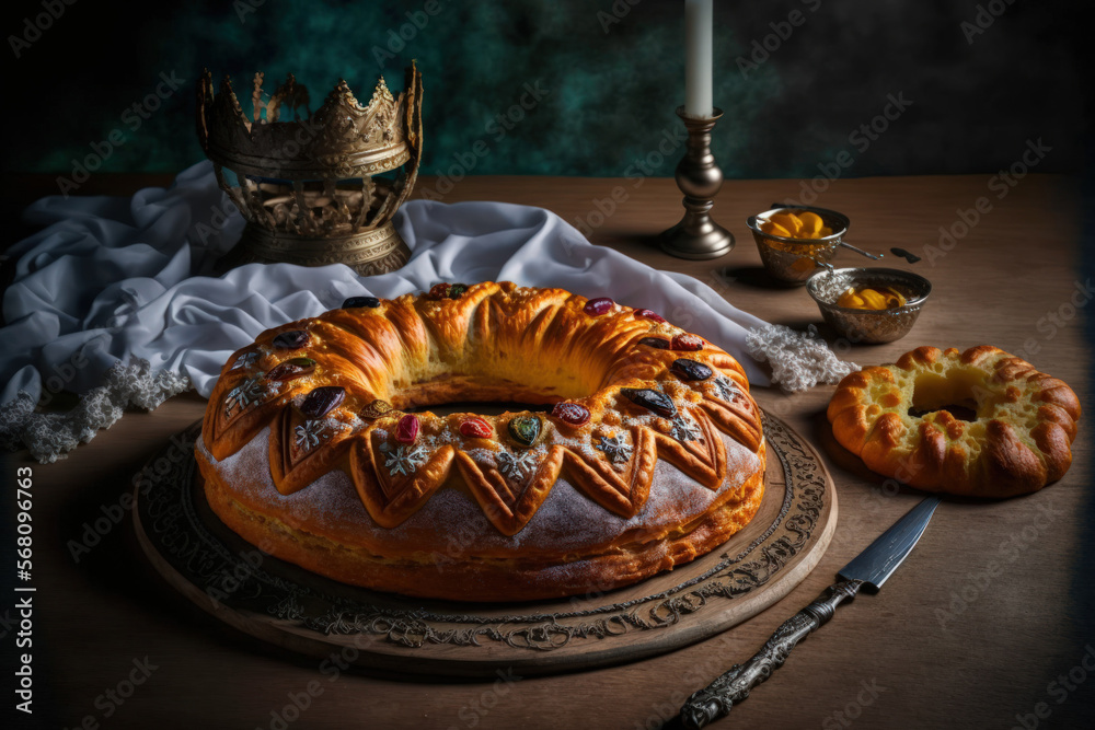 Spanish Three Kings Cake, Rosca de Reyes, served on a dark wood table ...