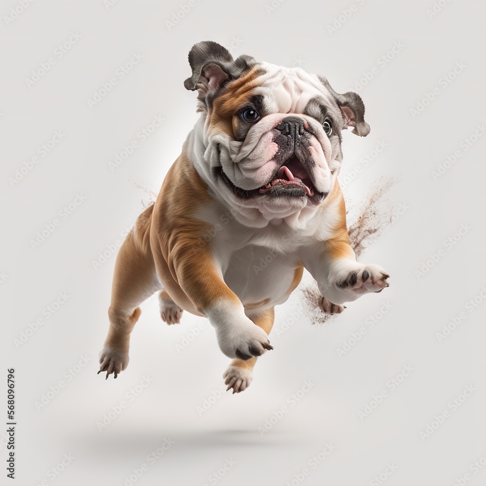 a bulldog jumping in the air with its mouth open Stock Illustration ...