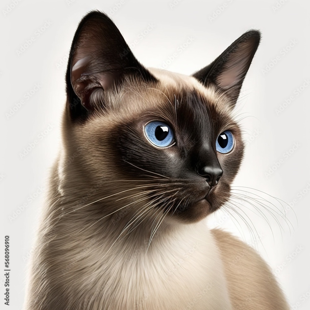 a siamese cat with blue eyes looking at the camera with a serious look ...