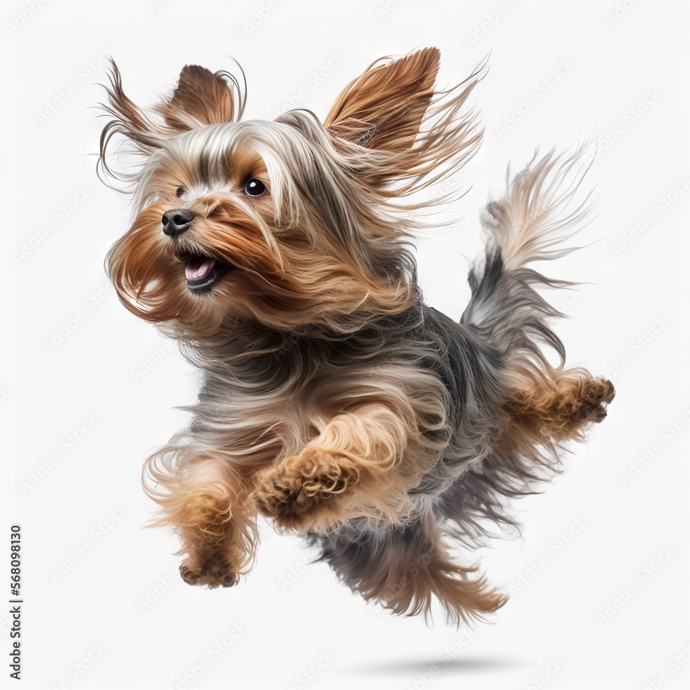 a small Yorkshire Terrier dog jumping in the air against a white ...