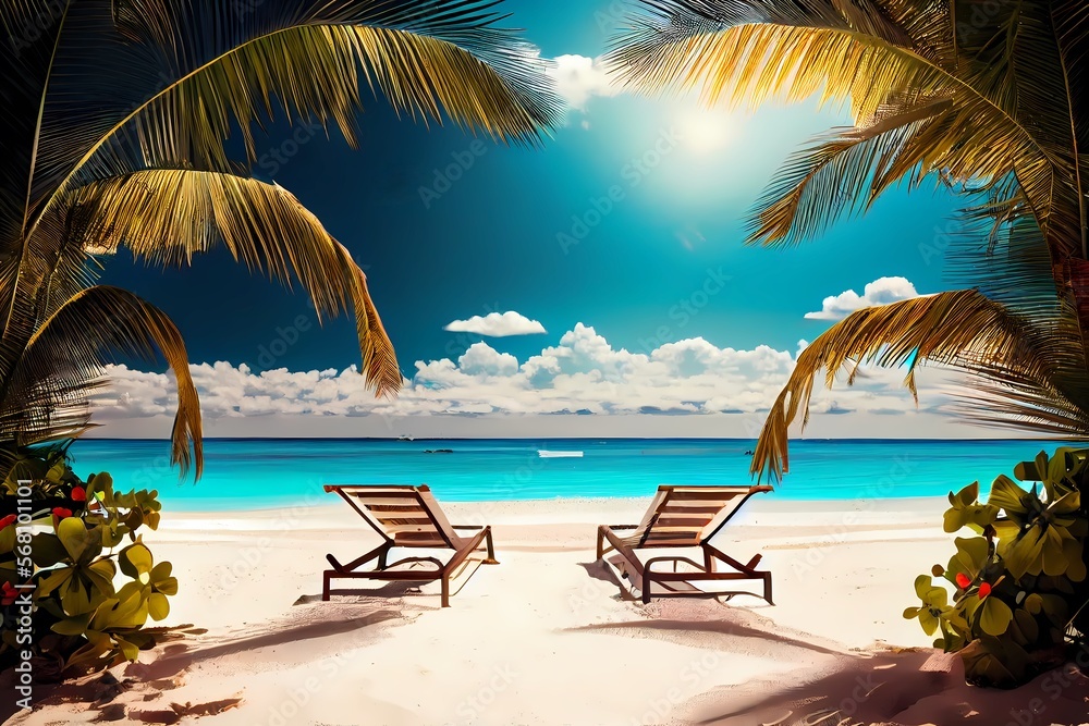 Beautiful tropical beach with white sand and two sun loungers on ...