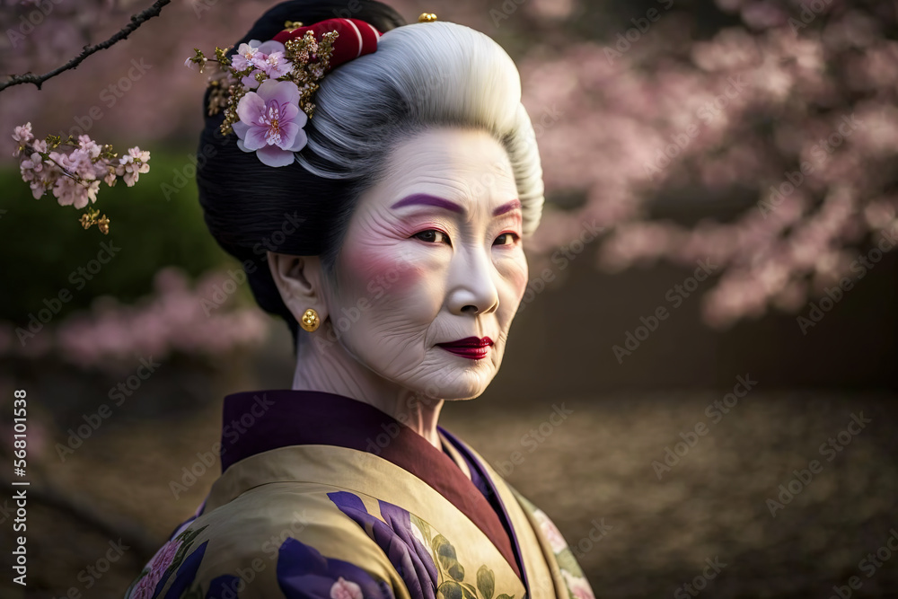 An old japanese woman dressed in the traditional geisha style wearing a ...