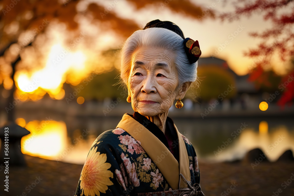 An old japanese woman dressed in the traditional geisha style wearing a ...