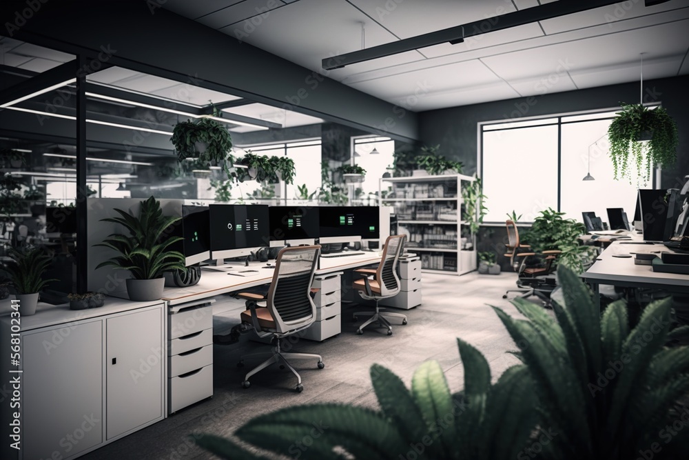 open space workspace flexible office decorated with biophilic modern ...