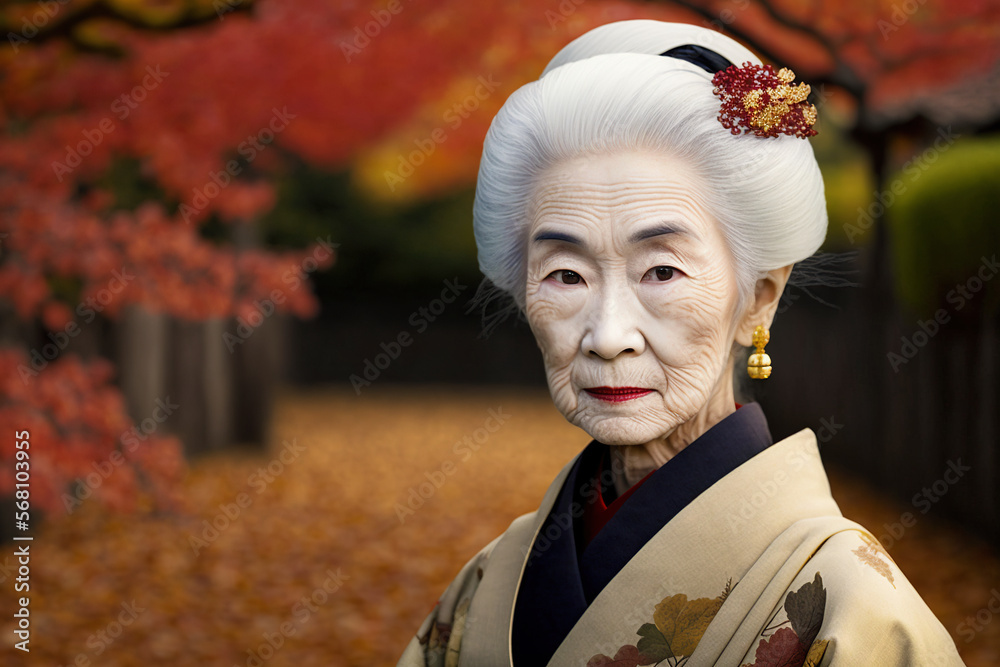 An old japanese woman dressed in the traditional geisha style wearing a ...