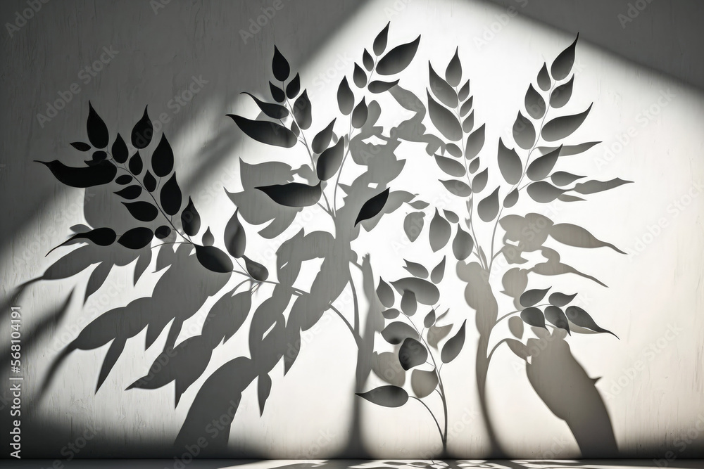Background of shadowed leaves. White concrete wall texture with natural leaves, tree branch ...