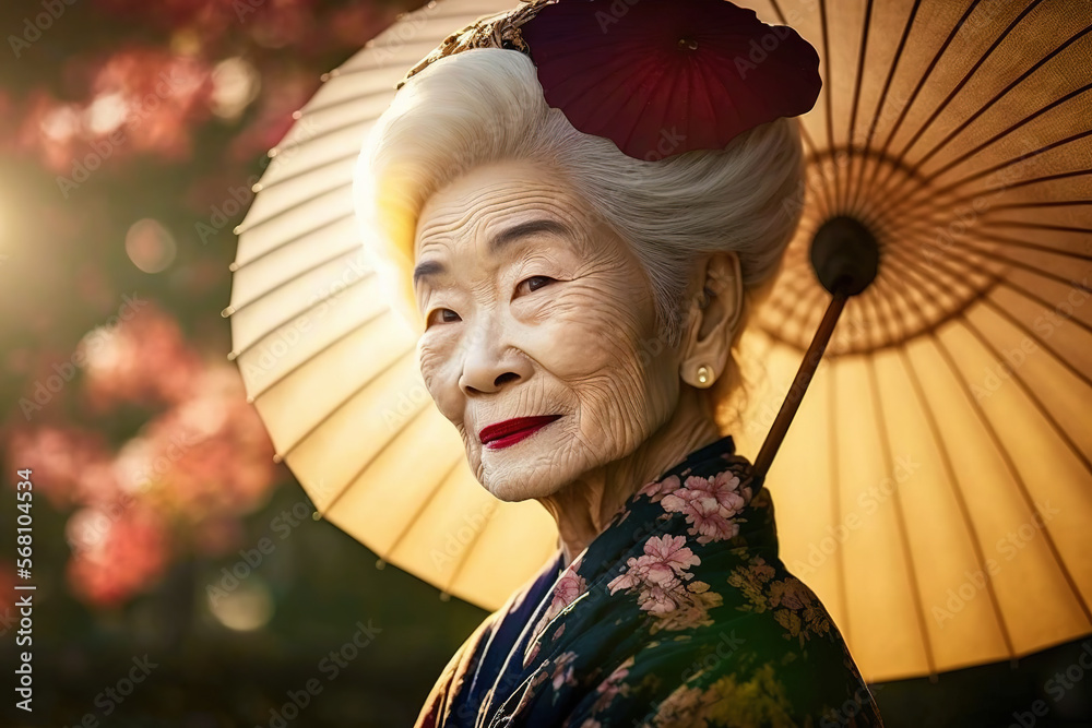 An old japanese woman dressed in the traditional geisha style wearing a ...