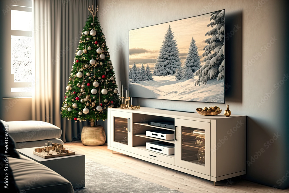Christmas room with TV cabinet in modern living room on cream wall ...