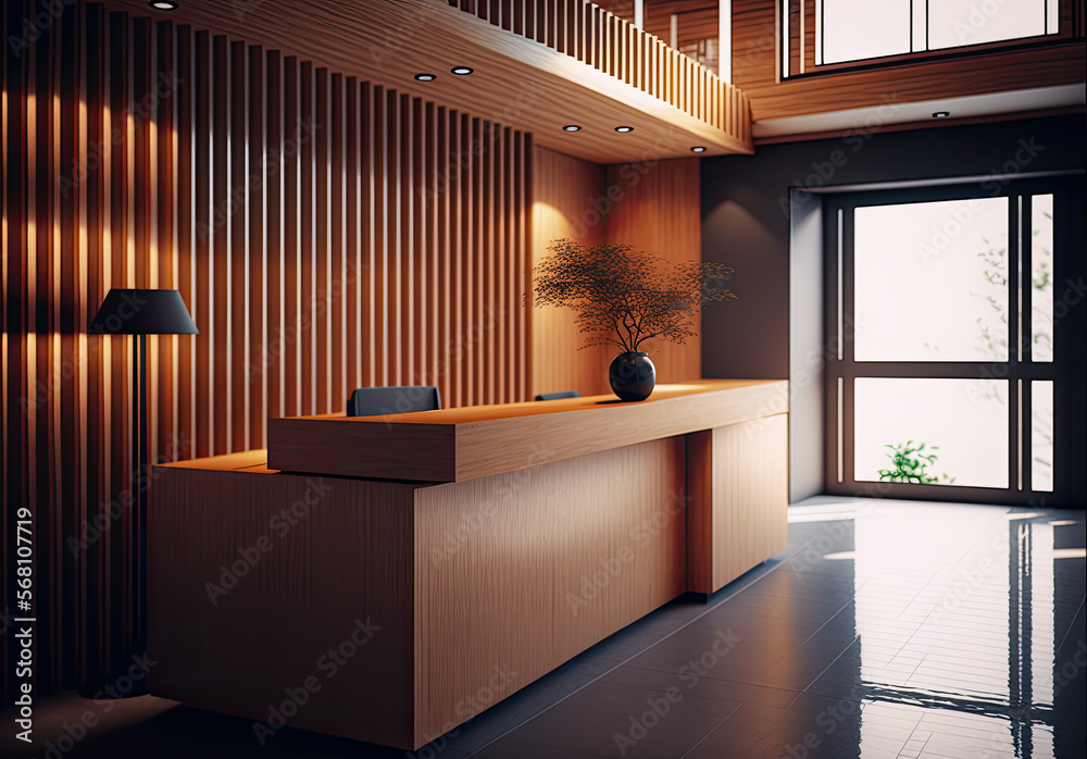 Japanese hotel design, reception desk, wood. Generative AI Stock ...