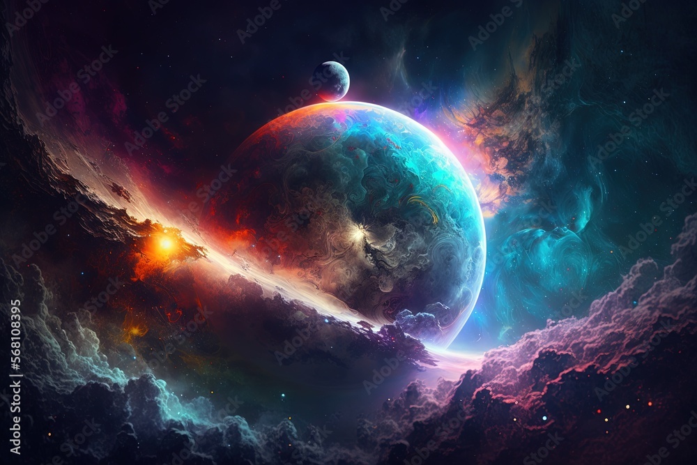 a colorful space scene with a planet in the middle of the image and ...