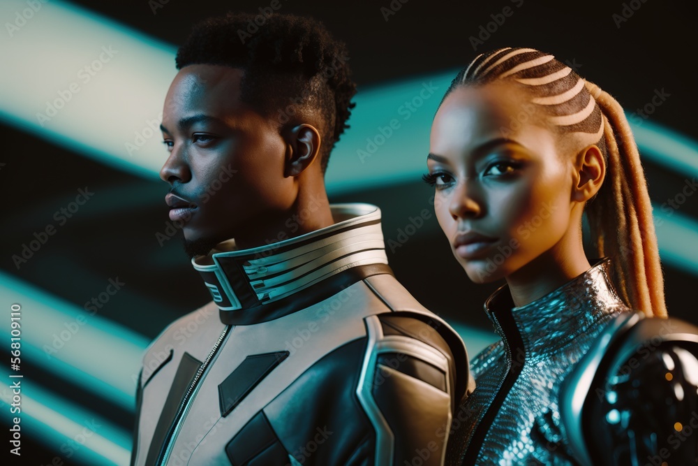 Couple dressed with futuristic outfit. African-American ethnicity ...