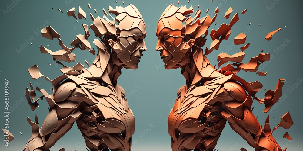 Two person confronting each other. Abstract 3D render style. Generative ...