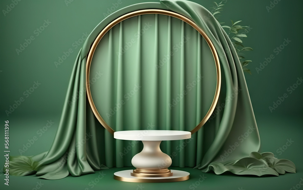 Green background for beauty products with a podium and a pedestal for ...