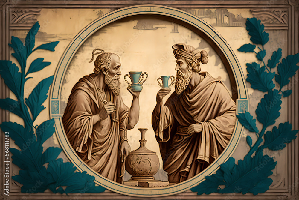 Ancient greek civilization, Two elders in ancient Greek clothes drink ...