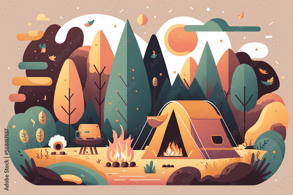 Camping Cartoon, Camping in Nature, Campfire Tent Setup, Sunset ...
