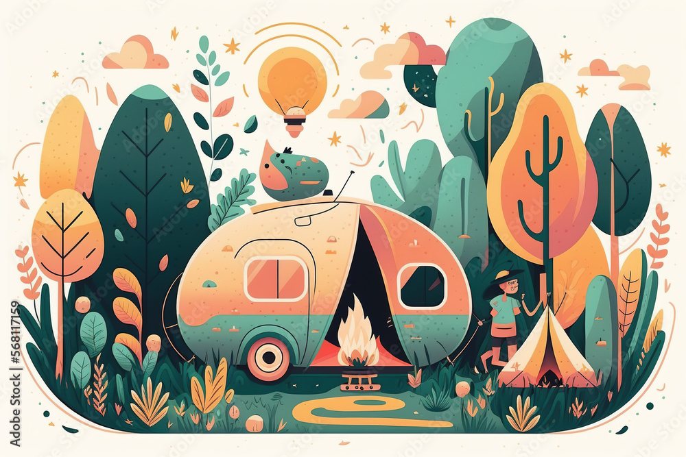 Camping Cartoon, Camping in Nature, Campfire Tent Setup, Colorful ...