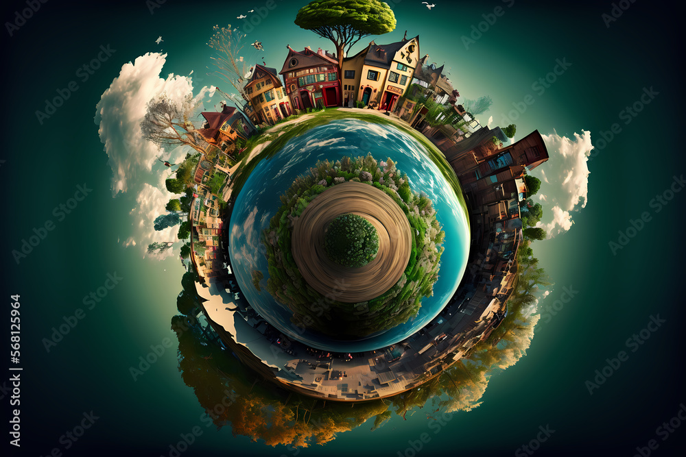 Tiny planet of a fantasy place in the earth where we see urban and ...