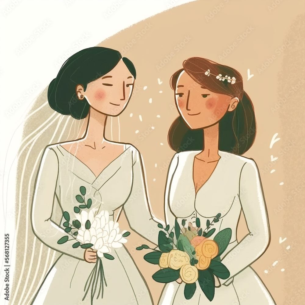 Black gay lesbians getting married, bride and bride, illustration of ...