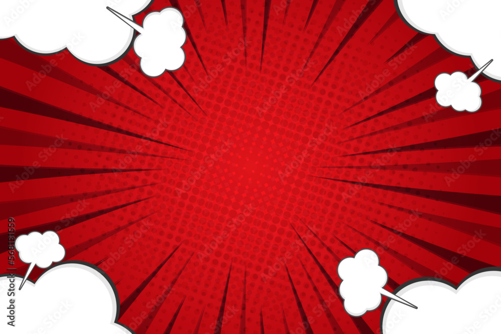 Blank flat design red comic background with clouds, vector illustration ...