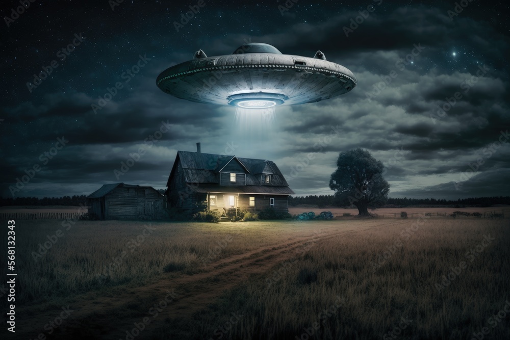 Flying saucer flying over farm at night, alien ship in farm, digital ...