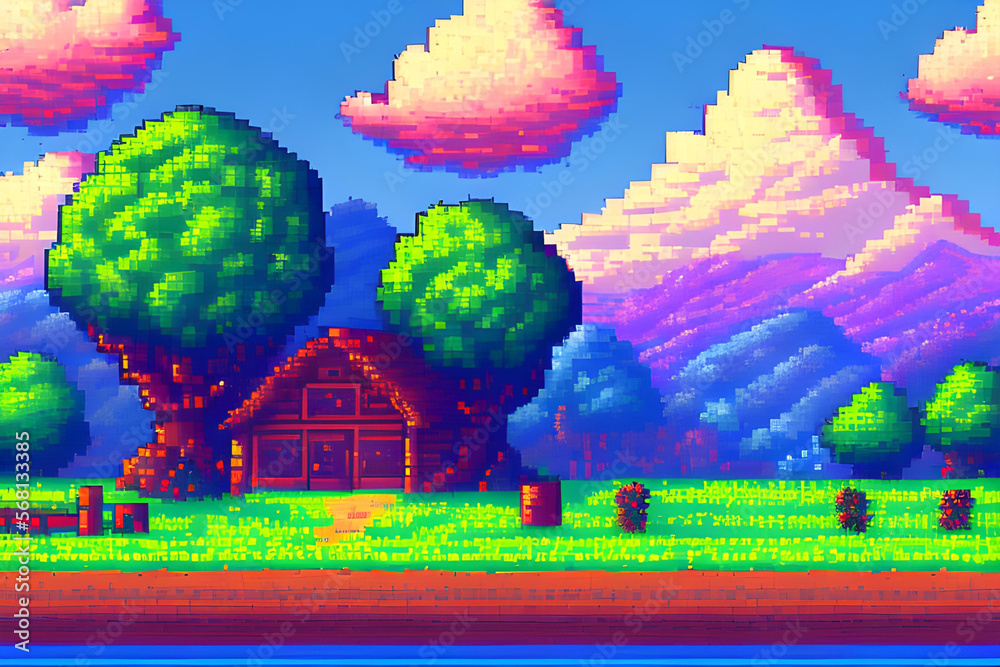 Un lindo paisaje pixelado, de una granja,generado por inteligencia ...