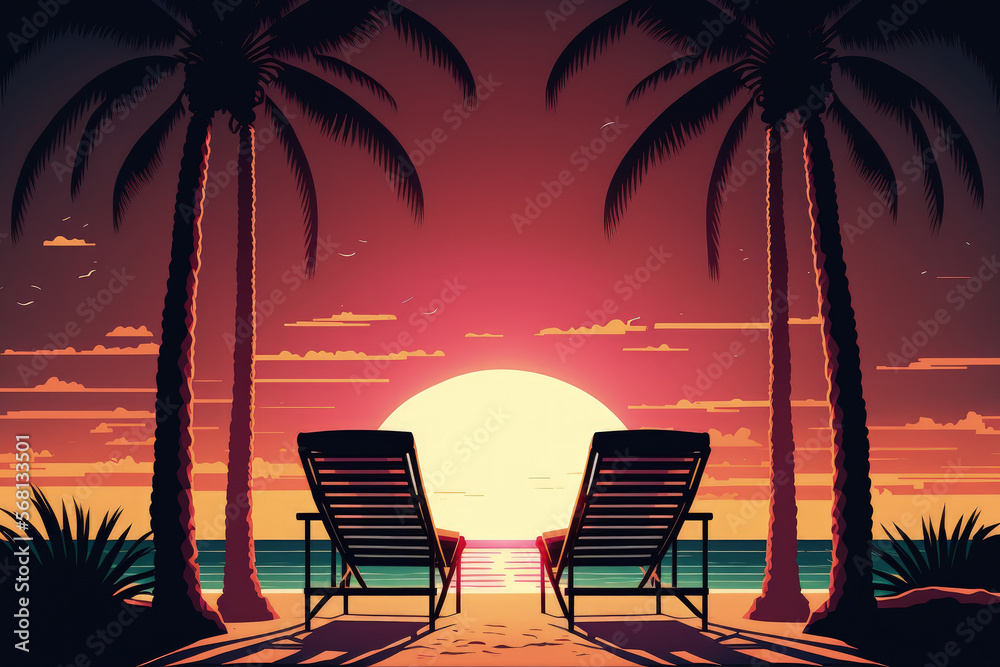 Beach With Palm Trees And Chairs