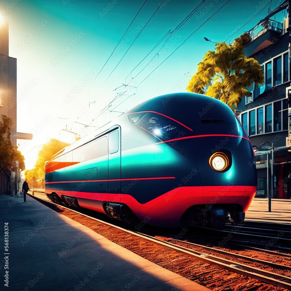 modern concept train in the future with city background, generative art ...