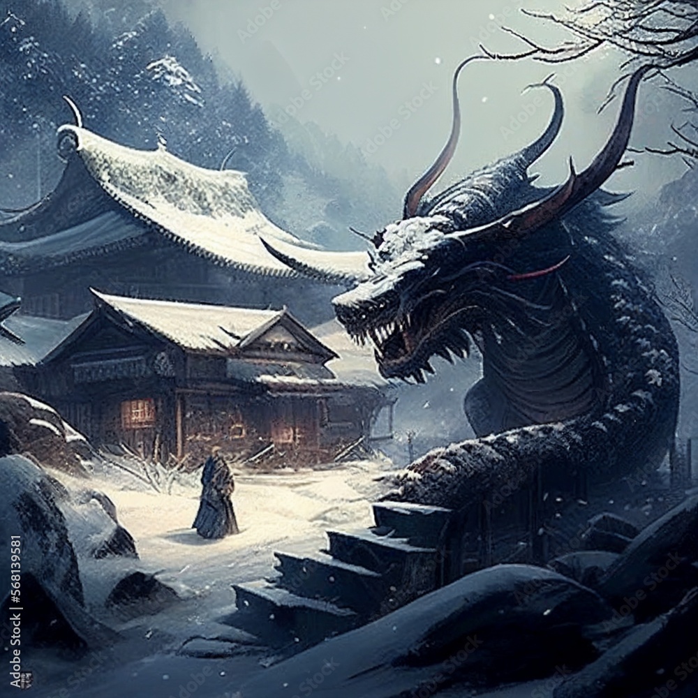 A beautiful Asian-style mystical dragon is attacking a small Chinese ... A beautiful Asian-style mystical dragon is attacking a small Chinese ...