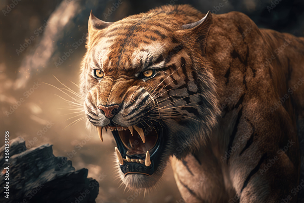 historic sable tooth tiger in nature, created with generative ai ...