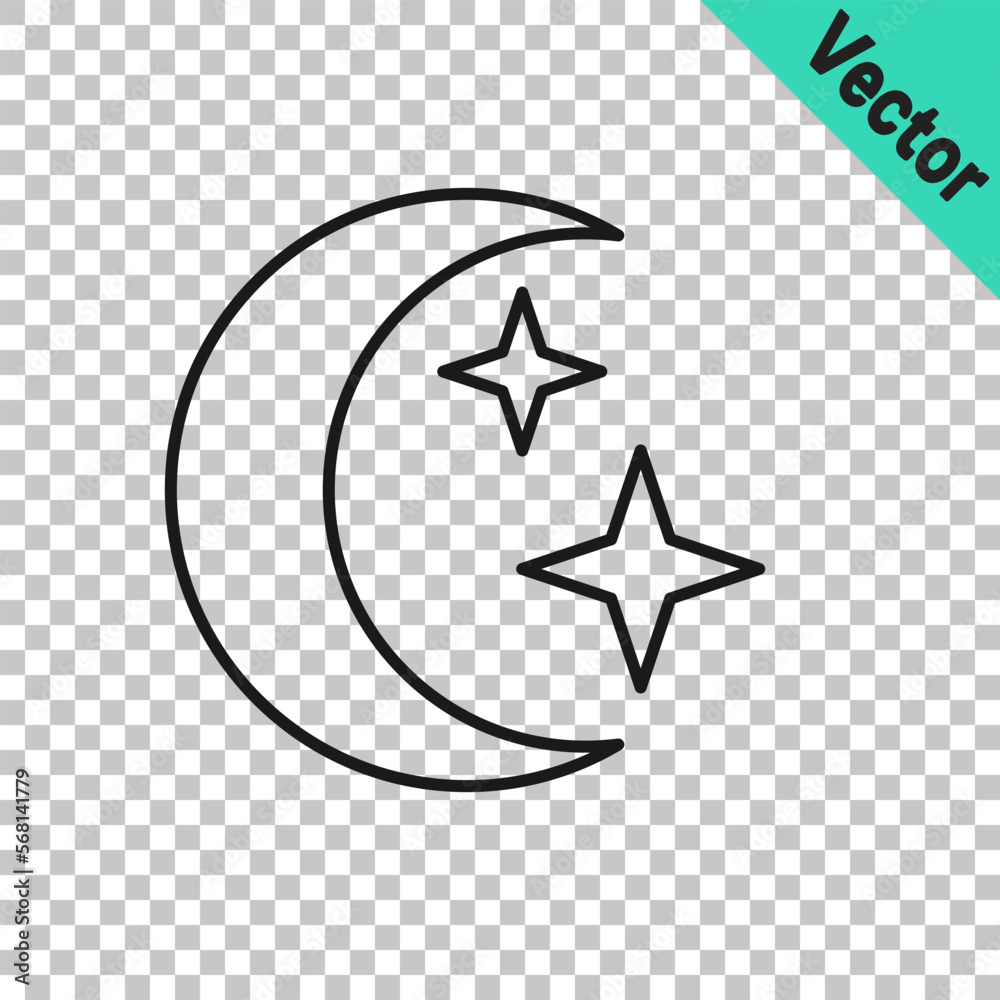 Black line Moon and stars icon isolated on transparent background ...