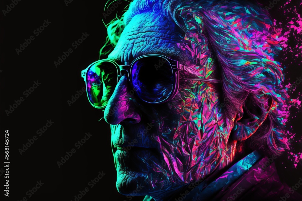 Colourful Abstract Portrait of Old Man with Grey Hair. His Age might be ...