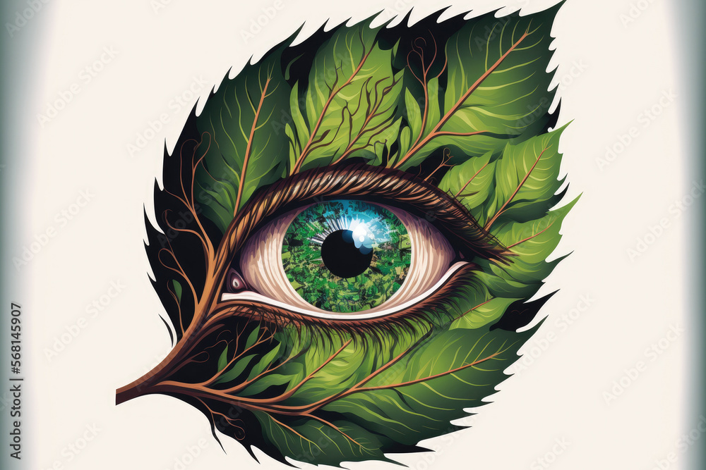 A single human eye comprised of green leaves is encircled by natural ...