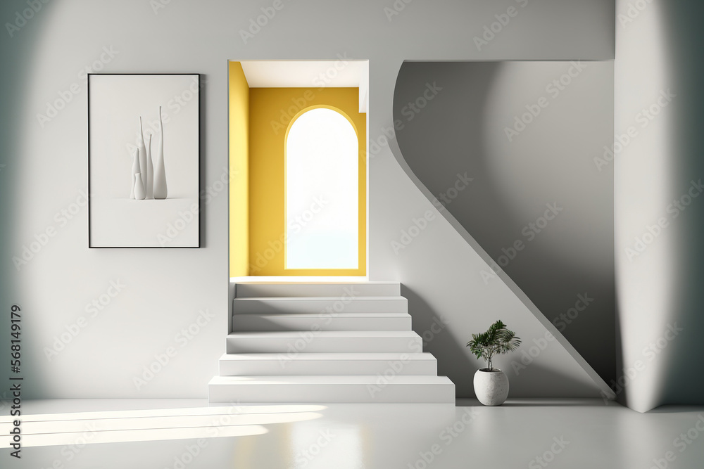 Interior of contemporary minimalism with steps and an arch. mockup for ...