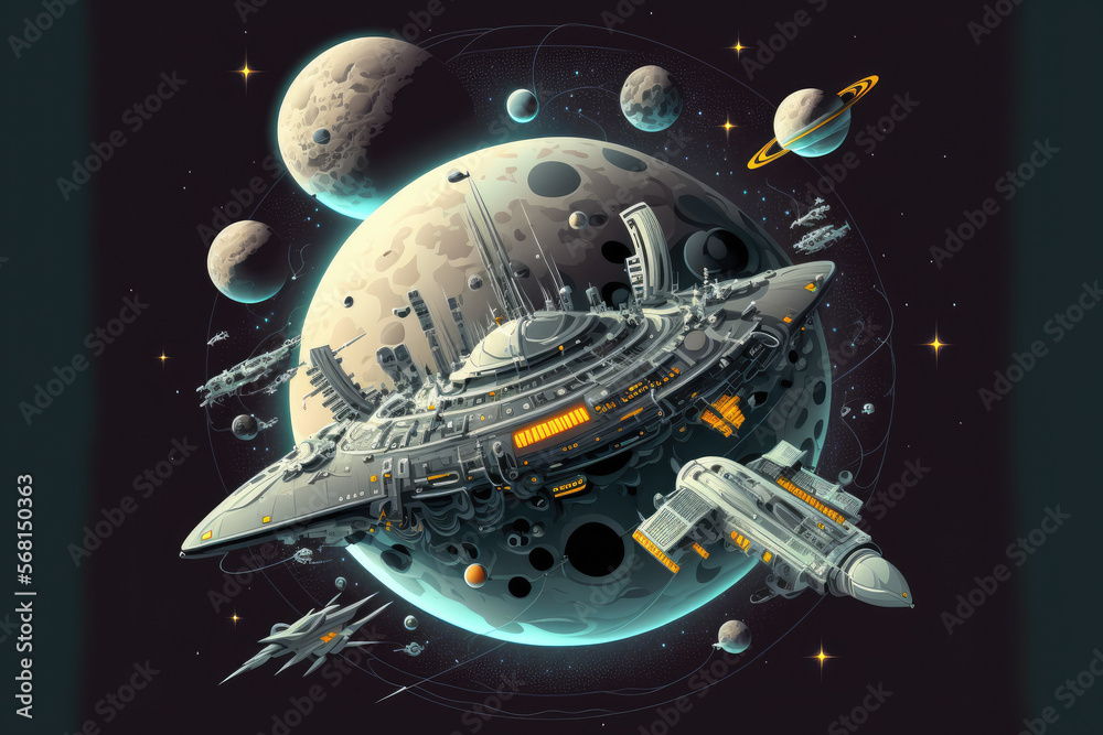 Space exploration using spacecraft, starships, and space stations. futuristic illustration of ...