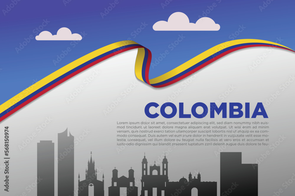 colombia clean and minimal background with ribbon flag and famous ...