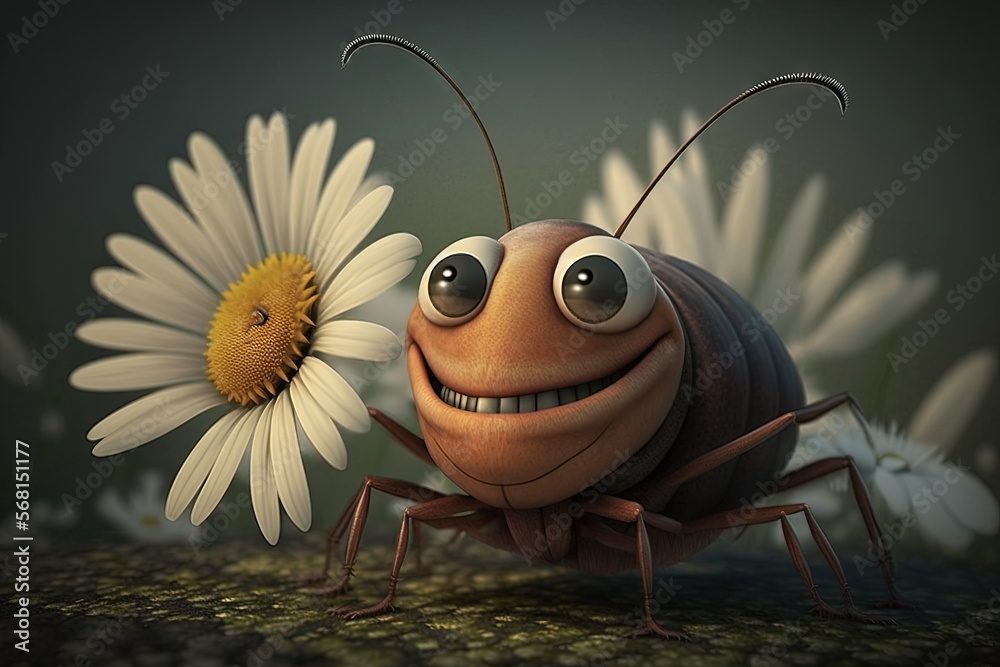 a cartoon bug with a flower in its mouth and a smile on its face ...