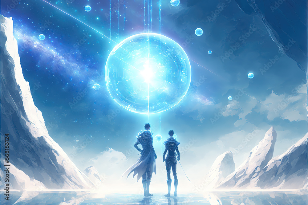 a sci fi anime illustration in blue and white, a couple standing in ...