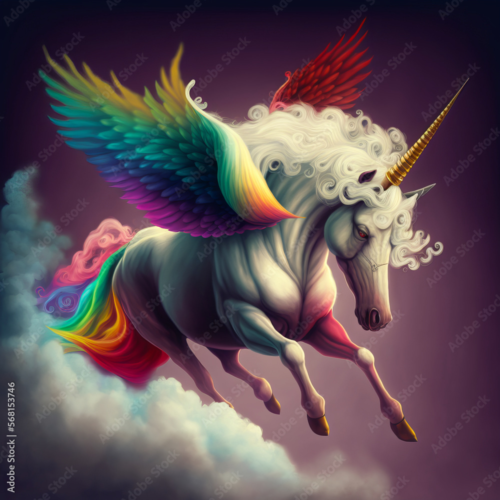 Flying Unicorn with Colourful Rainbow wings coming down from the Cosmic ...