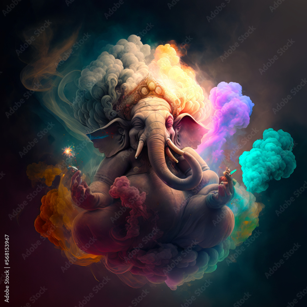 Abstract Portrait of Ganesh the Hindu Deity / God in colourful rainbow ...