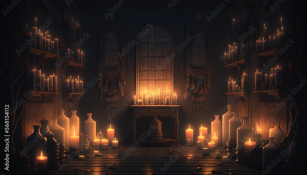 a dark room with many lit candles and a window in the corner of the ...