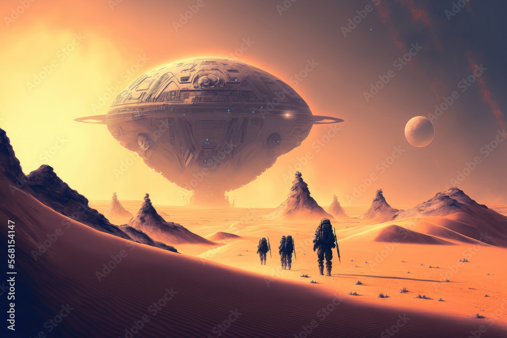 military personnel strolling through the desert. A massive alien ...