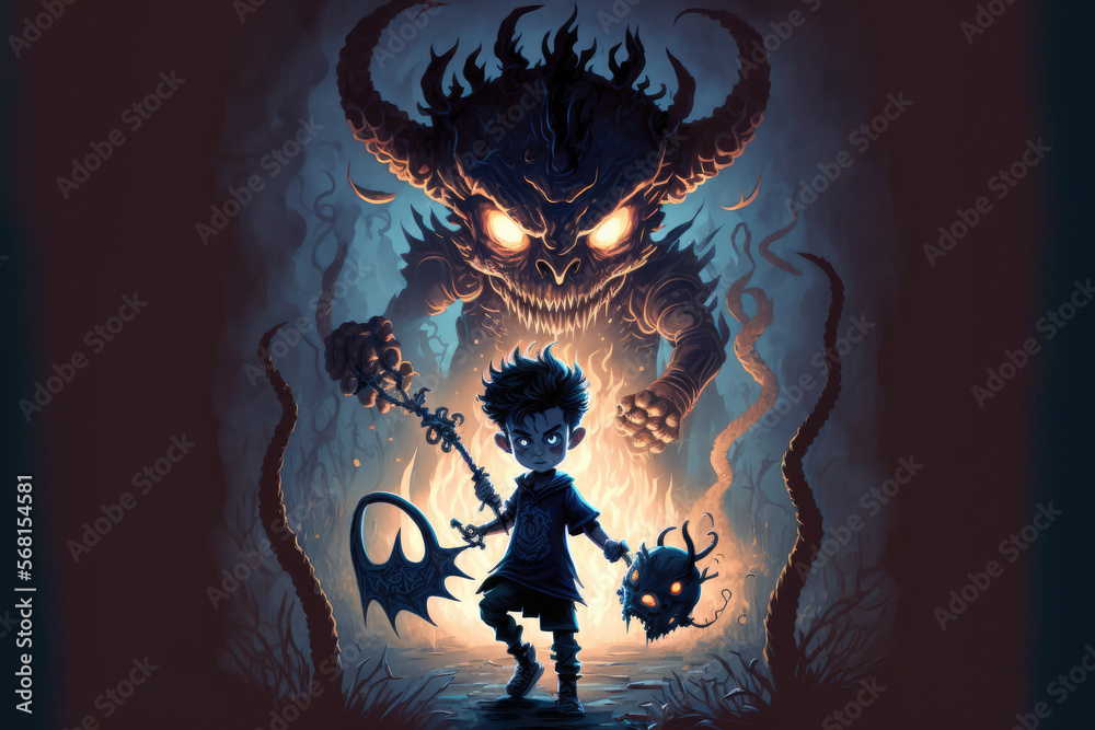 Dark fantasy graphic artwork with a boy holding a torch and fighting ...
