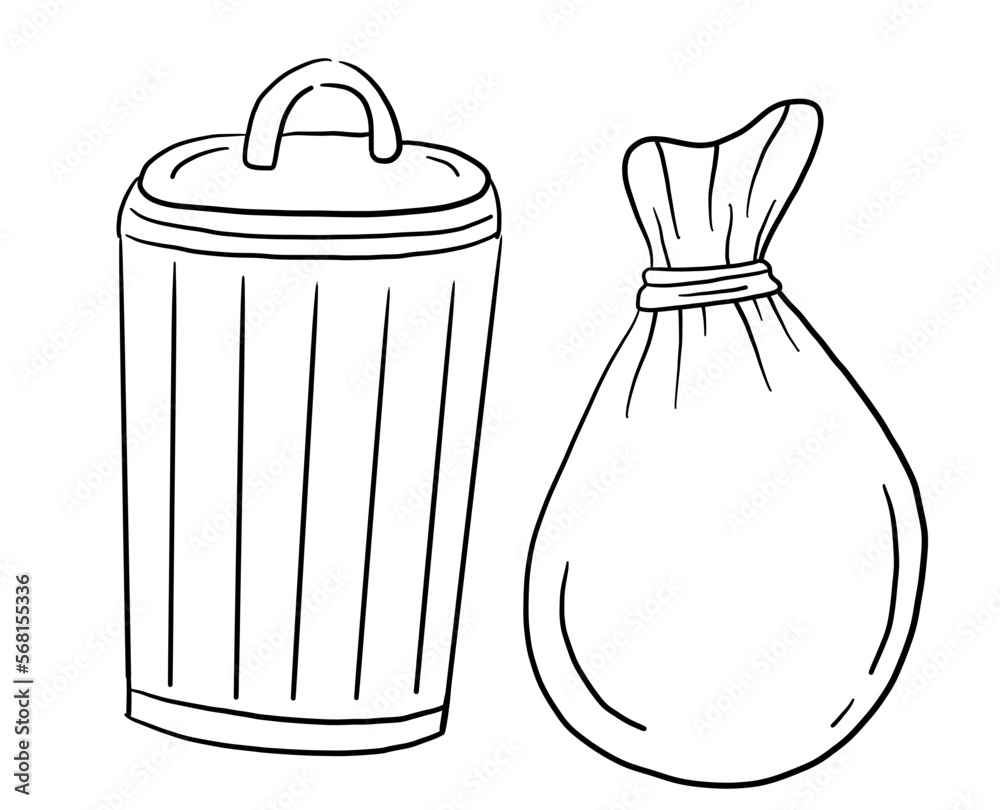 Hand drawn outline vector image with trash and bag, container and ...