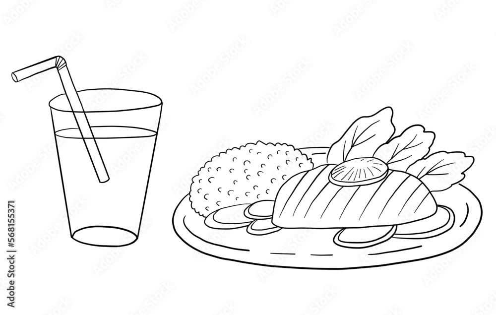 Hand drawn outline vector picture with cartoon food, dinner ...