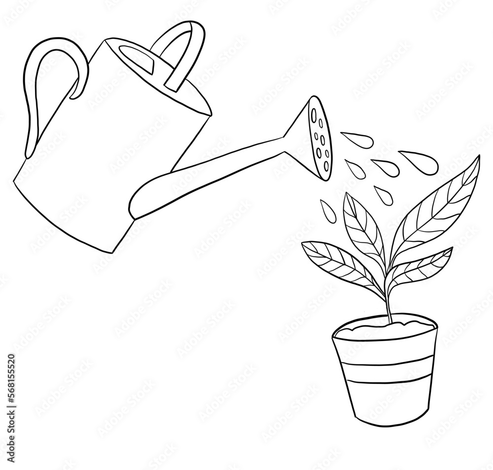 Outline illustration with spring, plants care, gardening, eco concept ...